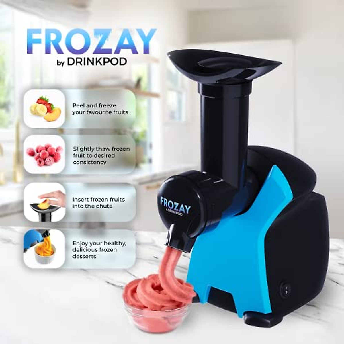 Drinkpod Frozay: Frozen Dessert Maker - Dairy-Free, Vegan Ice Cream, Soft Serve Frozen Yogurt, Fruit Sorbet, and Sherbet Machine with Simple One Push Operation With Recipe Book (Frozay Black)
