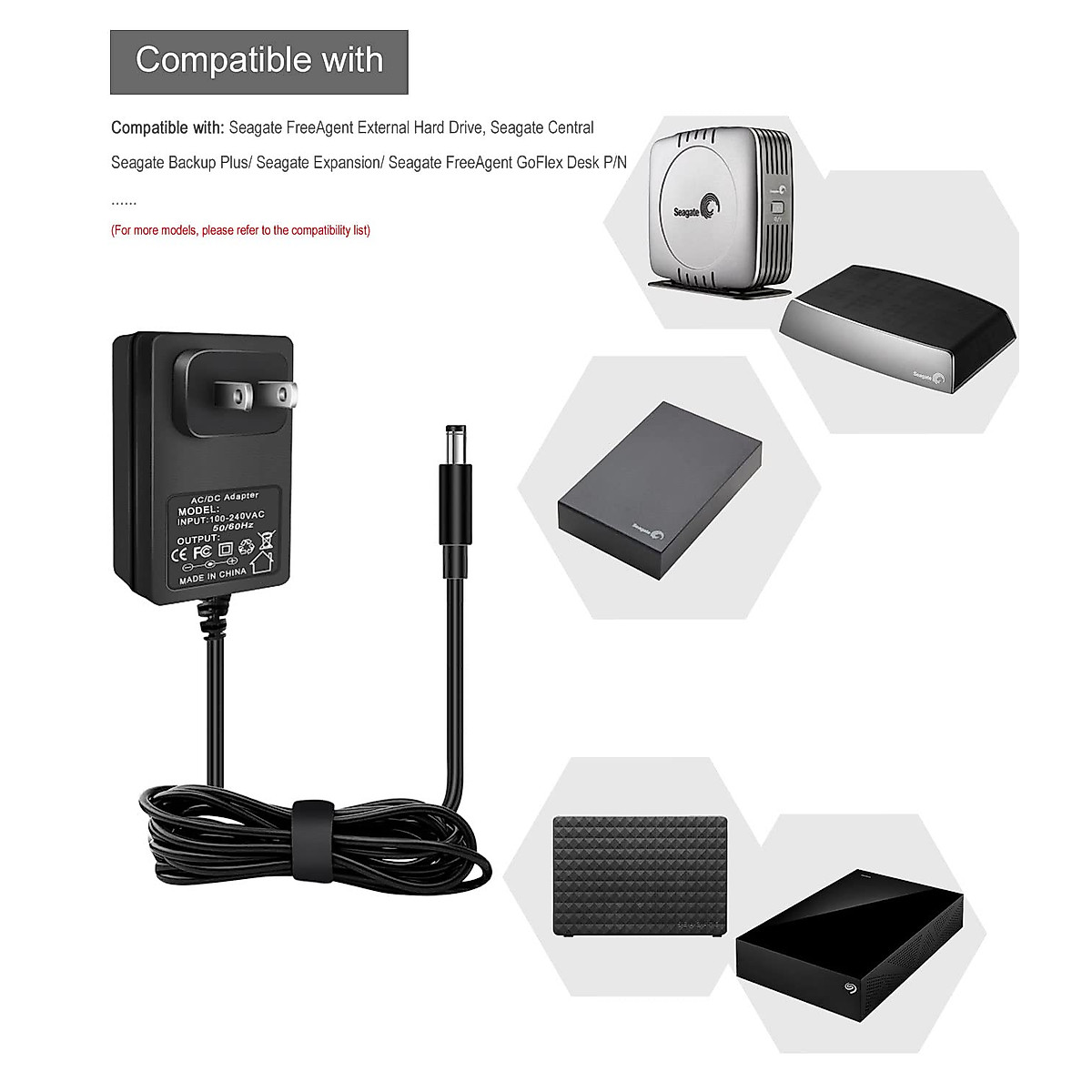 12V AC Power Adapter fits for Seagate Backup Plus SRD0SD0, Expansion SRD00F2, Central, FreeAgent GoFlex, SimpleTech External Hard Drive Power Supply Cord and More