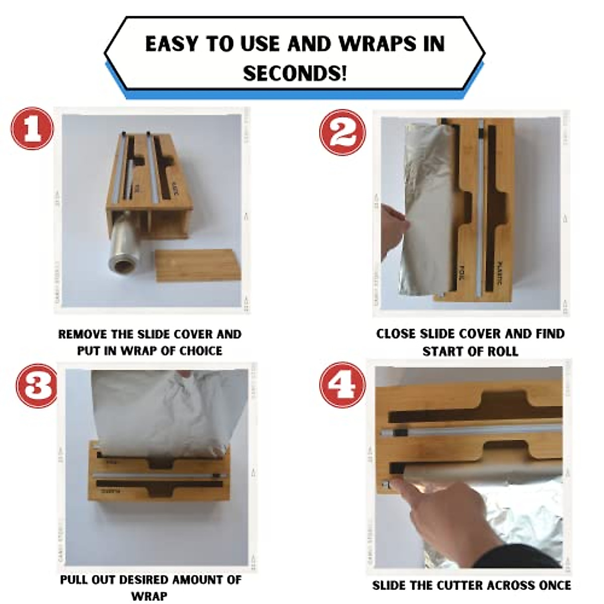 Tin foil and Plastic Wrap Organizer with Built-in Cutter, a 2-in-1 Bamboo Organizer for Kitchen, Pantry, RV, and Camper Compatible with 12-inch Rolls Labels Included.