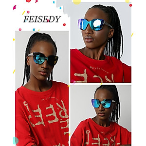 FEISEDY Cat Eye Sunglasses Polarized for Women Men，Rimless Mirrored Sunglasses, Oversized, Trendy Retro Sun Glasses B2796 Transparent Grey/Blue Mirror