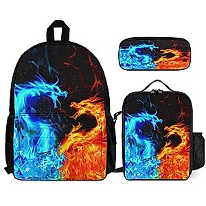 NELife Dragon Personalized Backpack Set of 3 Pieces (Pencil Case + School Bag + Lunch Bag Combination) (Dragon)