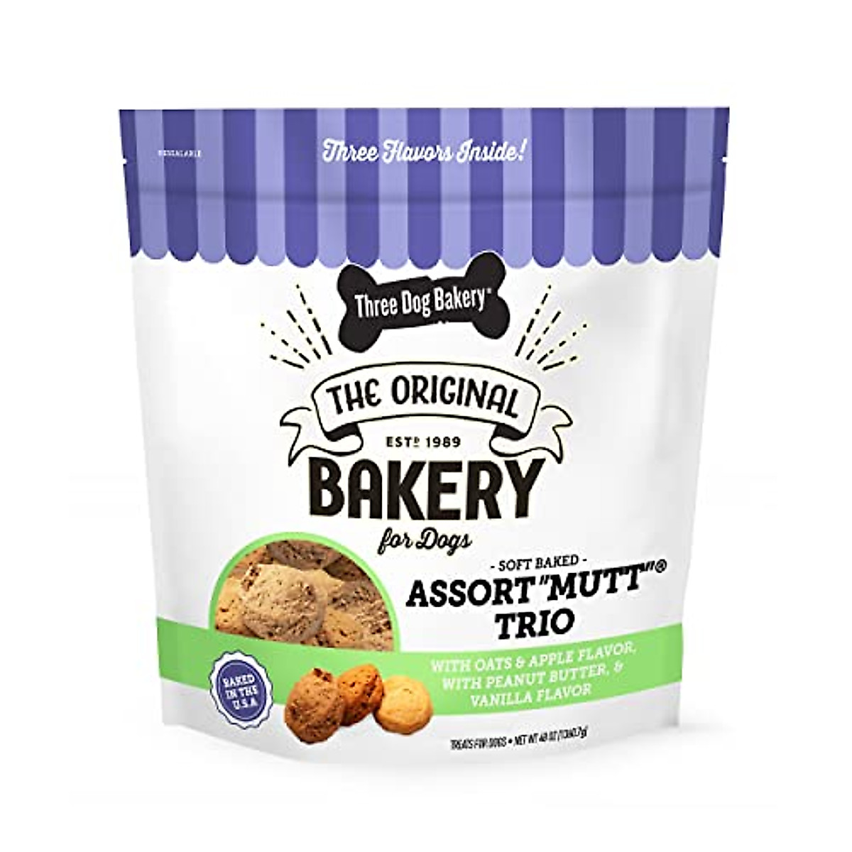Three Dog Bakery Assort Mutt Cookie Trio, Soft Baked Treats for Dogs, Three Flavor; Oatmeal and Apple, Peanut Butter, and Vanilla, 3 Pound Bulk Resealable Pack
