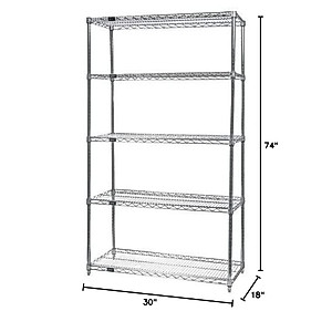 Quantum Storage Systems WR74-1830C-5 Wire Shelving Starter Kit, 30" W x 18" D x 74" H, 600 lbs Capacity, Carbon Steel, Chrome, NSF