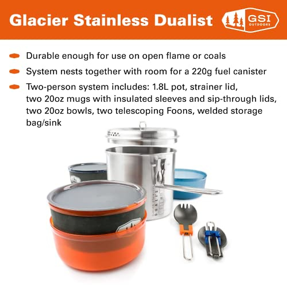 GSI Outdoors Glacier Stainless Dualist Backcountry Mess Kit I 2-Person Camping or Backpacking Cookware Set