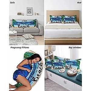 Life is Better at The Beach Pillow Covers Standard Size Set of 2 Bed Pillow, Summer Blue Ocean Tropical Plants Plush Soft Comfort for Hair/ Skin Cooling Pillowcases with Envelop Closure 20''x26''