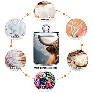 SDMKA 2 Pack Apothecary Jars Bathroom Highland Cow Qtip Holder Dispenser Clear Plastic Storage Canister Jar with Lid for Cotton Ball, Cotton Swab