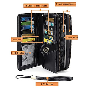 JJUQ Womens Wallet Leather Large Capacity Card Holder Zipper Wristlet Wallets for Women-black