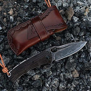 SPIRIT DEED Folding Knife 3in Handmade VG 10 Damascus Steel Knife Pocket Knife, Leather Case, Ebony Handle, with Padded Lock, Suitable for Outdoor Camping Fishing and Carrying Knives