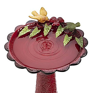 Alpine Corporation 28" Tall Outdoor Metal Birdbath with Birds and Leaves Yard Statue Decoration, Red