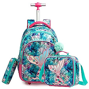 Oruiji Mermaid Rolling Backpack for Girls Backpack with Wheels Kids Wheeled School Backpack with Lunch Bag Trolley Luggage Suitcase for Girls 8-12