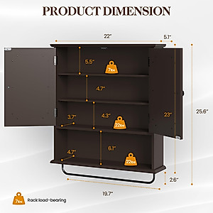 May in Color Bathroom Medicine Cabinet with Mirror, Vanity Wall Mounted Storage Cabinet with Adjustable Shelves and Towel Bar, Hanging Wall Cabinet for Bathroom, Laundry, Living Room, Brown