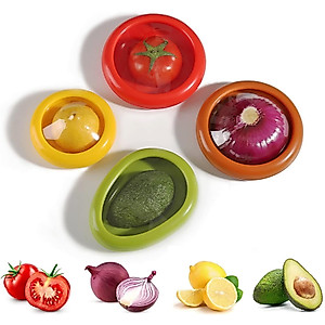 4-Piece Reusable Food Hugger Set - Avocado, Onion, Tomato, and Lemon Storage Containers for Fridge retain freshness