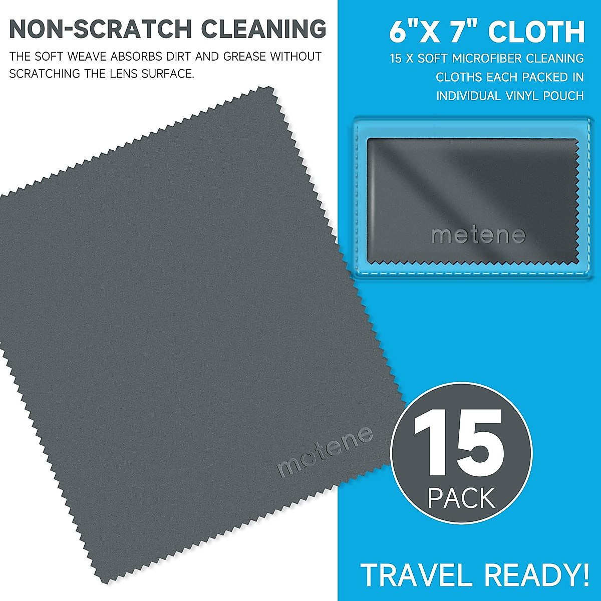 Metene 15 Pack Microfiber Cleaning Cloths (6"x7") in Individual Vinyl Pouches | Glasses Cleaning Cloth for Eyeglasses, Phone, Screens, Camera Lens and Other Delicate Surfaces Cleaner (Gray)