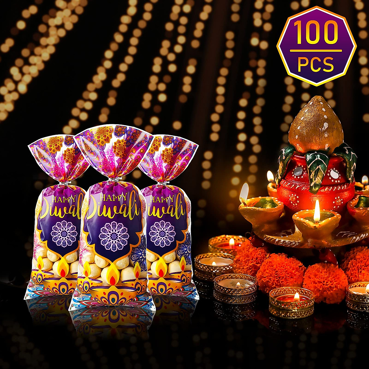 100 Pieces Happy Diwali Party Favor Bags, Festival of Lights Gift Candy Bags with Twist Ties Cellophane Plastic Treat Goodie Bags for Diwali Party, Indian Lights celebration Party Supplies Decoration