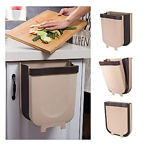 VidiGi -2 Pack Brown Hanging Trash Can | Small Waste Basket Garbage Bin 2.4 Gallon | Collapsible Mini Garbage Bin Bedroom Bathroom | Wall Mounted Folding Waste Bin Kitchen Cabinet Door Hanging
