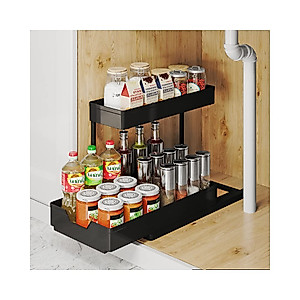 Under Sink Organizers 2-Tier, Bathroom/Kitchen Cabinet Basket Organizer Storage with Hooks Widely Use for Kitchen Spices/Under Sink/Bathroom