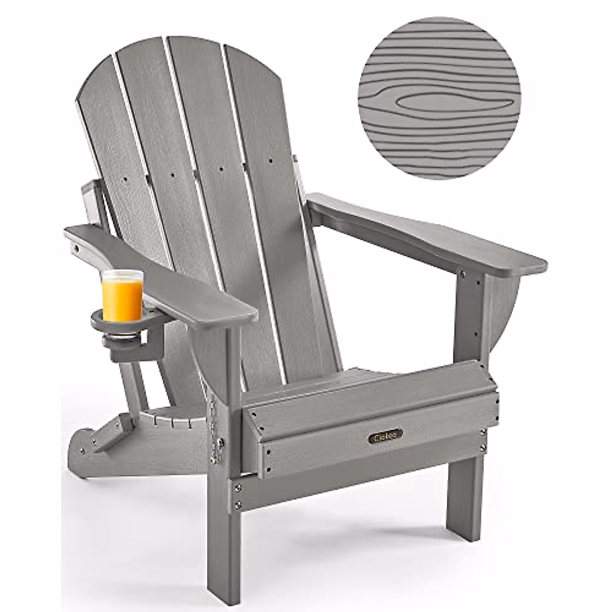 Ciokea Folding Adirondack Chair Wood Texture, Patio Adirondack Chair Weather Resistant, Plastic Fire Pit Chair with Cup Holder, Lawn Chair for Outdoor Porch Garden Backyard Deck (Grey)