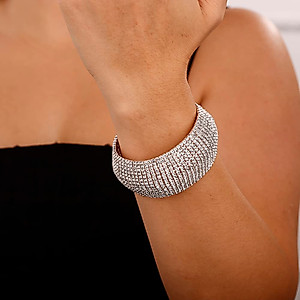 Denifery Crystal Rhinestones Cluster Wide Bangle Bracelet Rhinestone Stackable Stretch Bracelets for Women (Silver)