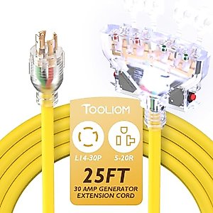 TOOLIOM Generator Extension Power Cord 25 Feet NEMA L14-30P to Four 5-20R/5-15R 30A 125/250 Volt 7500 Watts 4 Prong 10 Gauge Fan-Style Generator Cable with Protector Breaker