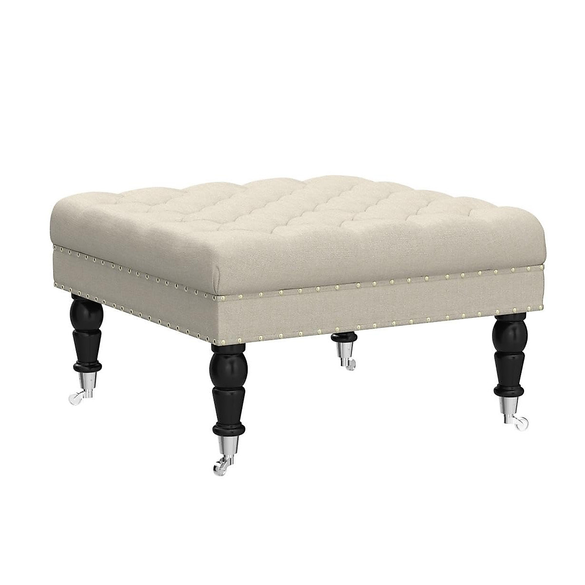 24KF Large Square Upholstered Tufted Button Linen Ottoman Coffee Table, Large Footrest Bench with Casters Rolling Wheels-Ivory