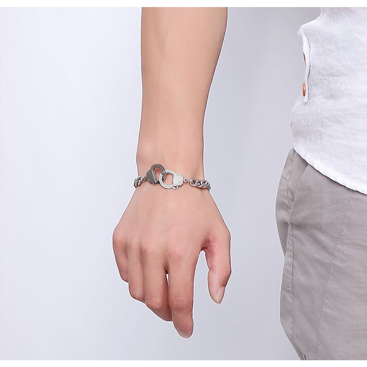 HOUSWEETY 1pc Stainless Steel Figaro Chain Handcuff Bracelet