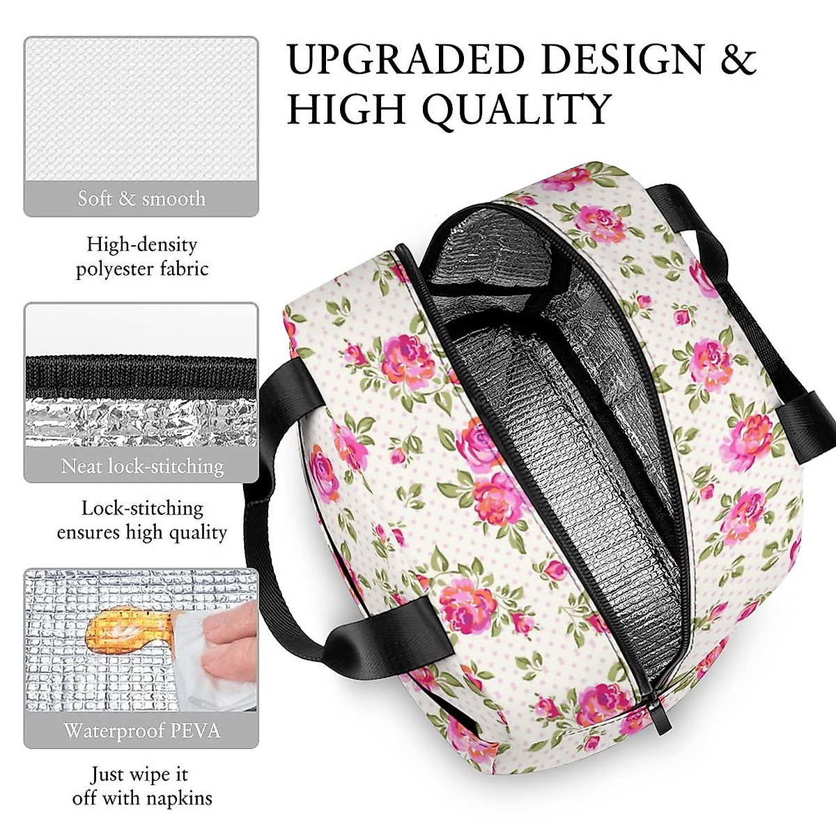 Roses Lunch Bag for Women Men, Insulated Meal Bag, Lunch Tote Bag for Work Outdoor