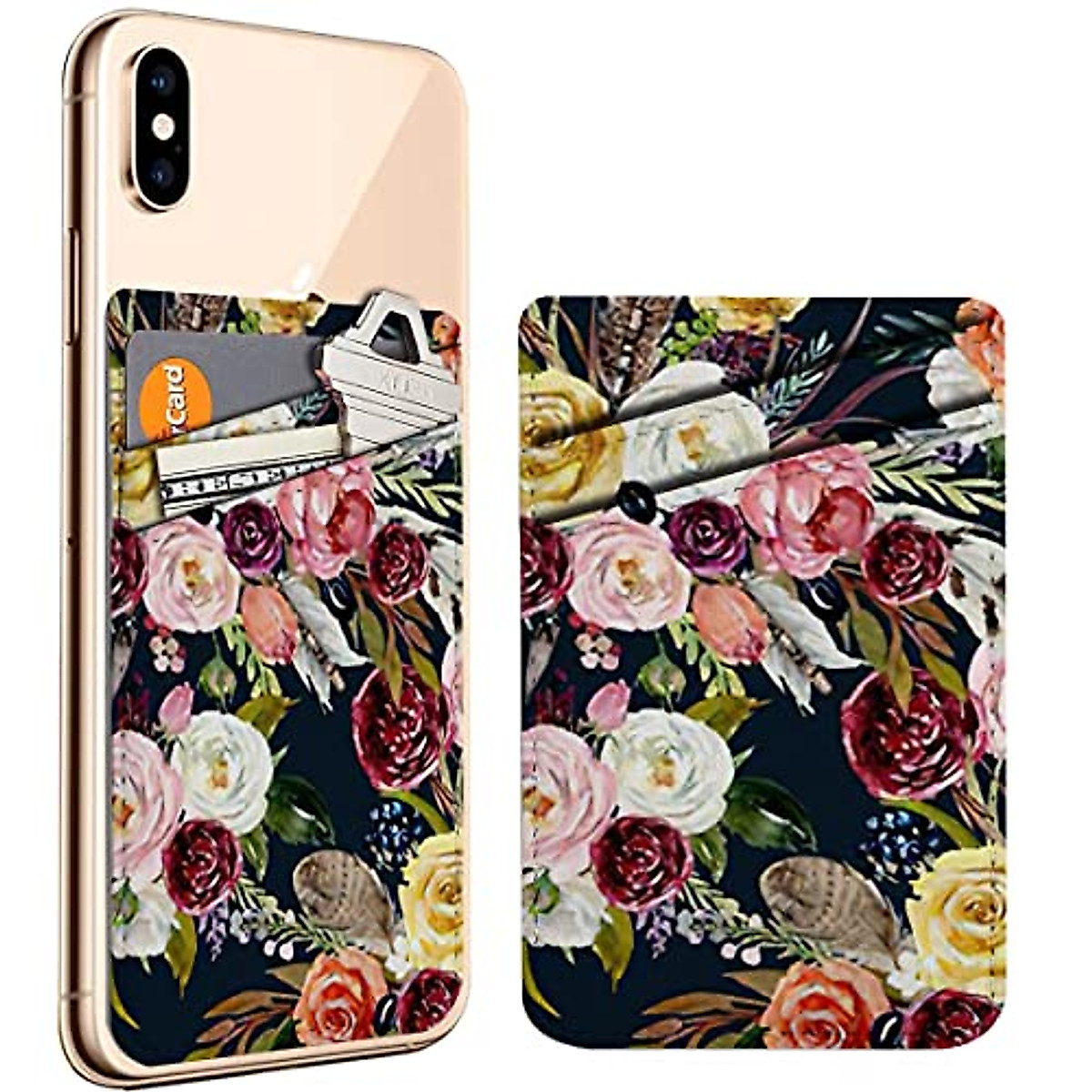Diascia Pack of 2 - Cellphone Stick on Leather Cardholder ( Watercolor Ethnic Boho Floral Pattern Pattern ) ID Credit Card Pouch Wallet Pocket Sleeve