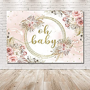 MEHOFOND 7x5ft Oh Baby Backdrop for Girls Baby Shower Boho Pampas Blush Pink Floral Background Newborn Portrait Gold Glitter Sequins Dots Leaves Decorations Newborn Studio Photo Props