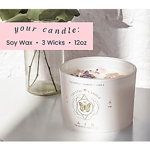 Healing Crystal Candle, 12oz - 3 wick Aquarius, Gemini, Libra Zodiac Candles with Crystals Inside. Zodiac Gifts for Women, Real Crystals and Healing Stones Manifestation Candle, Meditation Candle