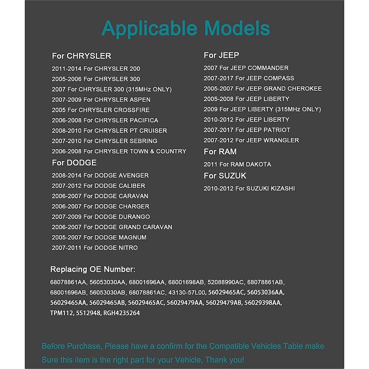 Aulligey 56029479AB Tire Pressure Sensor 315MHz Tire Pressure Monitoring Sensor TPMS (4 PCS) for Chrysler Dodge Jeep Ram Replaces OE# 56029465AB 56029479AA 56053030AB
