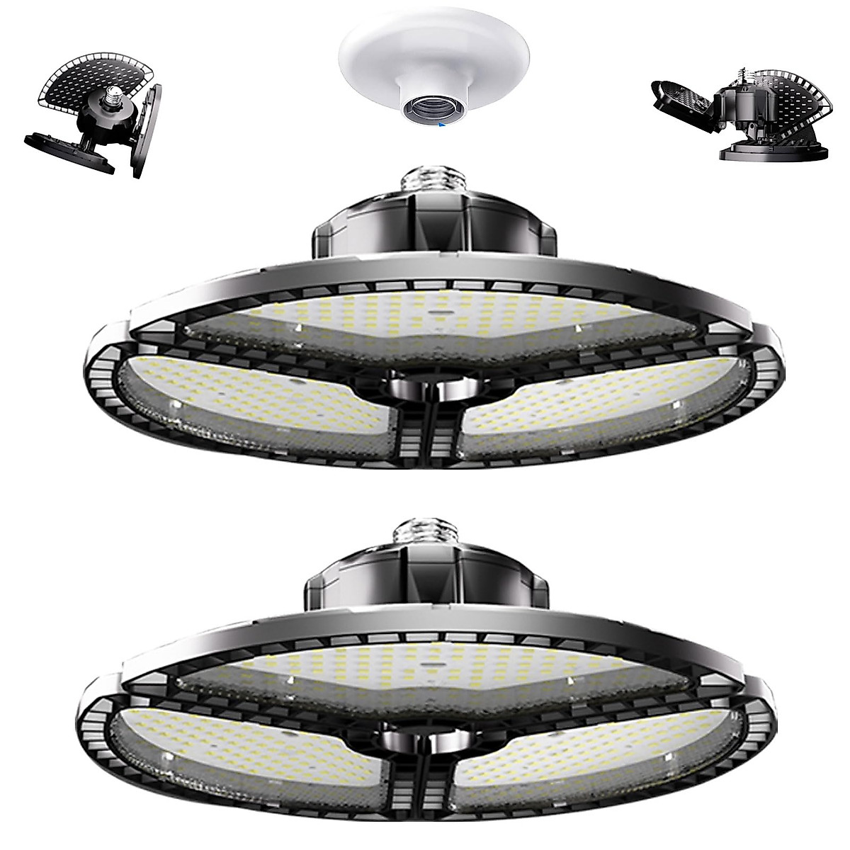 Lightdot E26 LED Garage Low Bay Lights, Large Area Global Lighting, Deformable 3 Panels 100W 18000LM E26/E27 Triple Glow, 5000K LED High Bay Shop Light for Basement Workshop Warehouse-2PACK