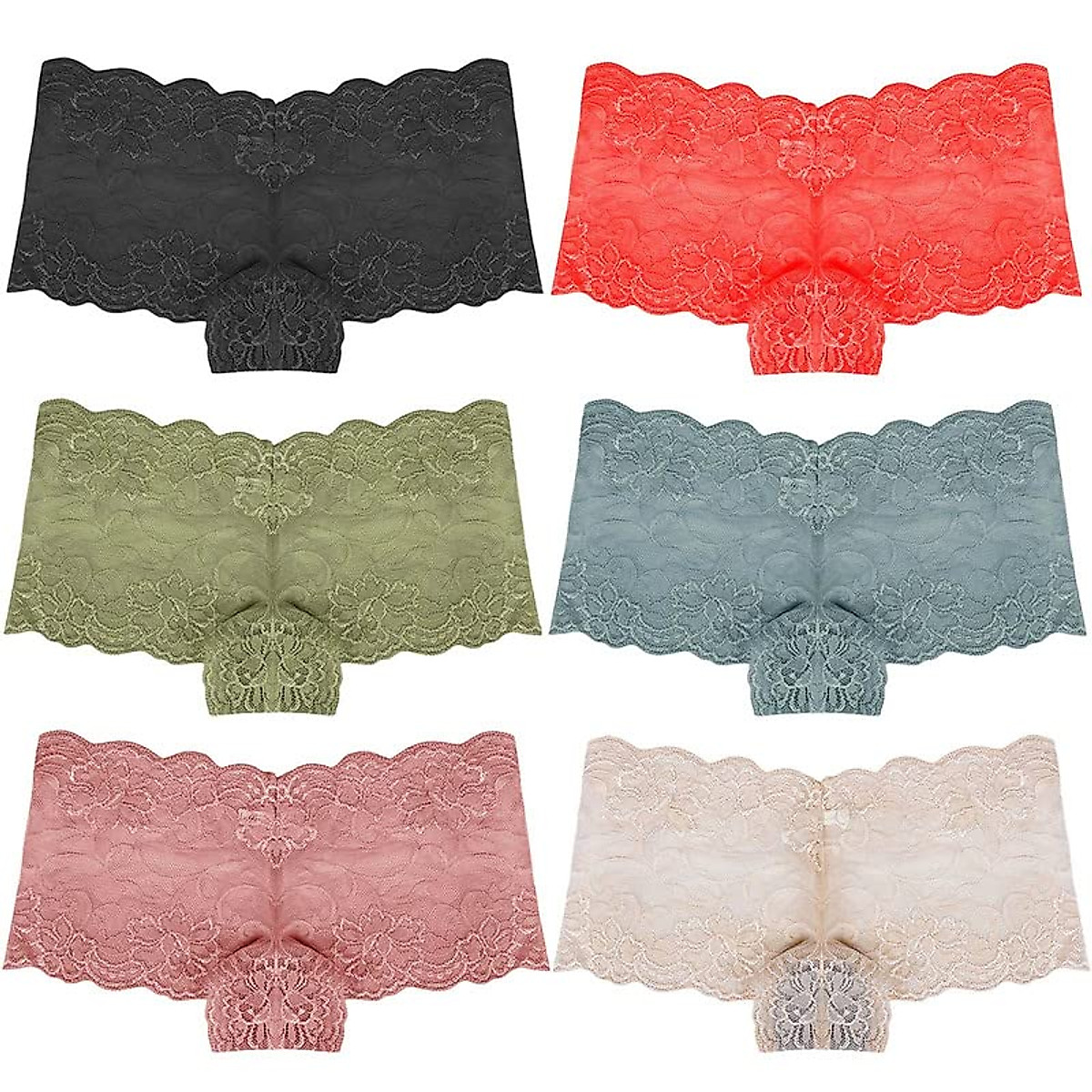 RUNYA Womens Lace Boyshort Panties Underwear Briefs, Pack of 6 (6 colors, Medium)