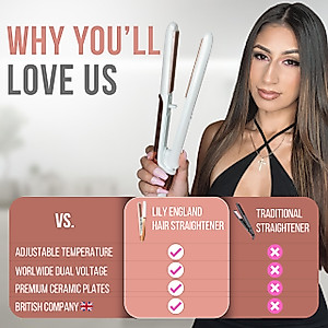 Lily England Hair Straightener and Curler, Adjustable Temperature, Dual Voltage 1 Inch Ceramic Rose Gold Flat Iron, Hair Straightener Curling Iron in One