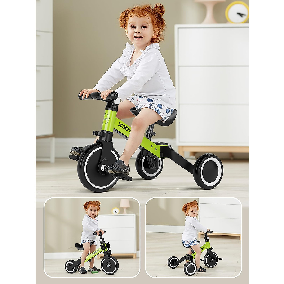 ﻿XJD 5 in 1 Toddler Bike, Tricycle for Toddlers 1-3 with Adjustable Seat Height, Removable Pedals, Ideal Balance Bike Birthday Gifts and Toys for Boys and Girls (Green)