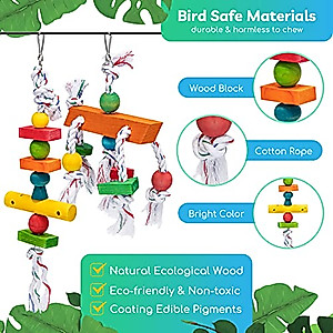 Nobleza Bird Toys, 2 Pack Parrot Chew Toys with Nature Wood Non-Toxic Safe Cotton Rope, Colorful Foraging Toys Bird Cage Accessories for Parrots, Cockatiels, Parakeets, Budgies