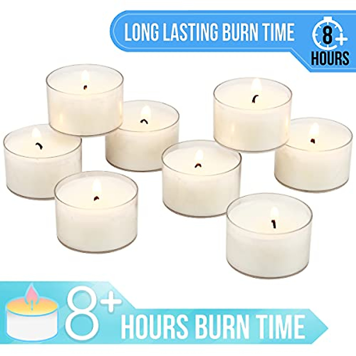 Stonebriar Bulk 48 Pack Unscented Smokeless Long Clear Cup Tea Light Candles with 8 Hour Extended Burn Time, 48 Count