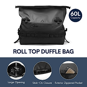 Haimont Large Waterproof Duffel Backpack Roll-Top Heavy Duty Dry Duffle Bag for Boating, Travel, Motorcycle, Kayaking, Camping, 60L, Black