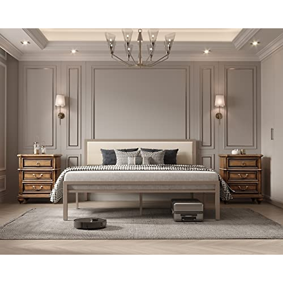 Nazhura Queen Size Bed Frame Steady Steel Platform with Fabric Headboard/Footboard (Champagne Color Frame)