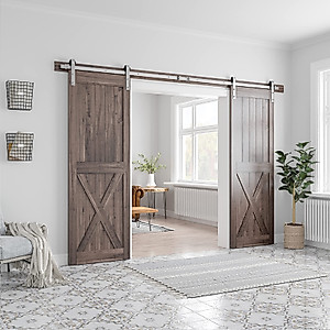 SMARTSTANDARD 10ft Siliding Barn Door Hardware Kit Brushed Nickel Double Door Easy to Install Fit 30" Wide Door Panel (J Shape Hanger)