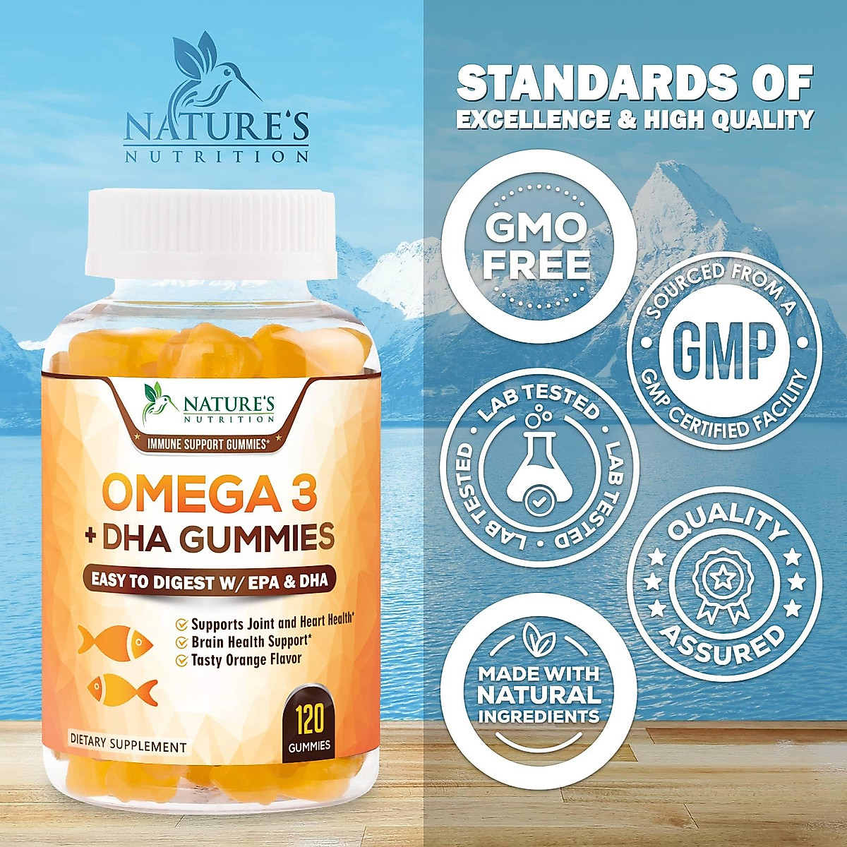 Omega 3 Fish Oil Gummies, Heart Healthy Omega 3 Gummy Supplement with High Absorption DHA & EPA, Extra Strength Joint & Brain Support, Omega 3 Fish Oil Nature's Vitamin, Orange Flavor - 120 Gummies