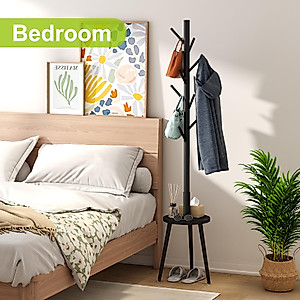 BMOSU Coat Rack freestanding Stand with Shelf Bamboo Wooden Coat Tree Easy Assembly 8 Hooks Standing Jackets Hanger Hallway Office Floor Coat Stand Black