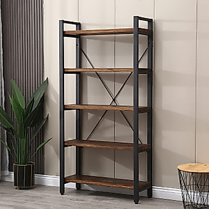 WH-AOERPUMY 5 Tier Bookcase, Solid Wood Bookshelf Rustic Vintage Industrial Etagere Bookcase, Metal and Wood Free Vintage Bookshelf, Retro Brown (Real Wood) (5-Tiers)