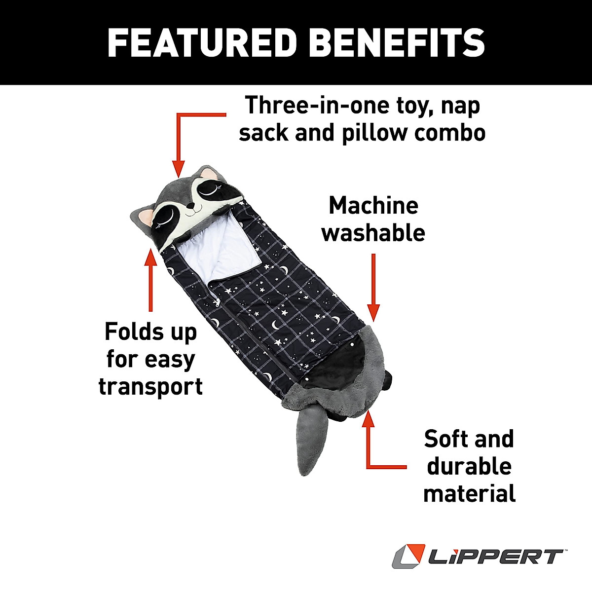 Lippert Thomas Payne Three-in-One Children’s Raccoon Nap Sack for Camping and Sleepovers with Durable Material, Fold-Up Design, Machine Washable, Dryer Safe - 2022107841 Grey