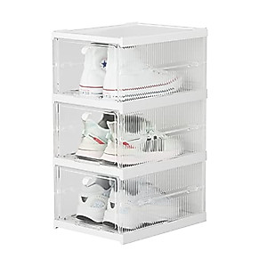 PETIMETI Shoe Organizer Shoe Storage Boxes,Stackable Plastic Shoe Organizer for Closet with Clear Door, Space Saving and Easy Installation Foldable Shoe Sneaker Containers in X-Large Size(3 Pack)