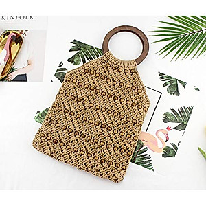 QTKJ Hand-woven Cotton Hollow Out Beaded Tote Bag for Women Boho Beach Crochet Bag Handbag with Wooden Round Handle (Brown)