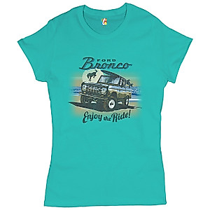 Ford Bronco Women's Novelty T-Shirt Enjoy The Ride Offroad SUV Licensed Tee Light Blue Small