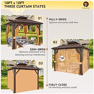 YOLENY 10' x 10' Gazebo, Hardtop Gazebo with Aluminum Frame, Double Galvanized Steel Roof, Curtains and Netting Included, Metal Gazebos Pergolas for Patios, Garden, Lawns, Parties
