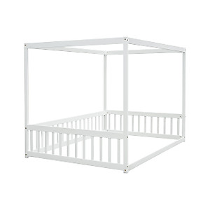 Full Size Canopy Bed Frame with Guardrails for Kids,Floor Bed Full with Four Poster Design,Kids Montessori Floor Bed,Wood Canopy Bed Frame for Girls,Boys(Full,White)