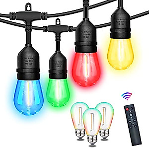 EMANER Cafe String Lights Outdoor Warmwhite+RGB Color Changing 48ft, Very Bright Shatterproof 15+3 Bulbs, Remote Control/Timing Auto ON/Off, ETL Listed Plug in String Light for Party/Backyard/Garden
