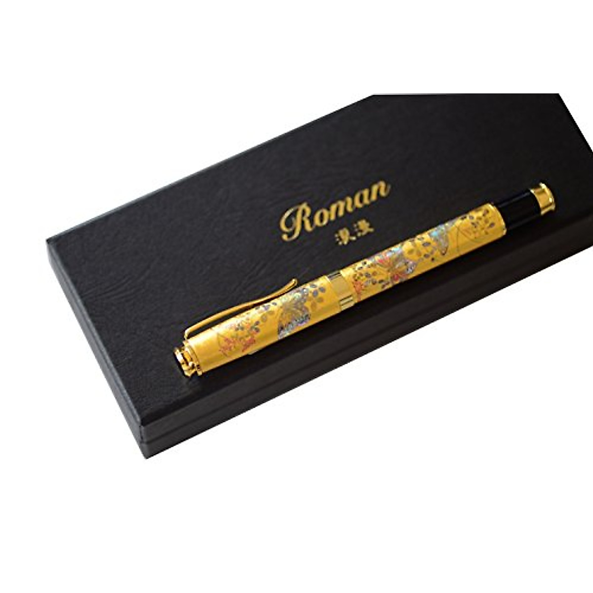 Roman Premium Vintage Fountain Pen Matte Black Ink Luxuary Antique Gold Trim Medium Nib with a Refill -Made in Japan-